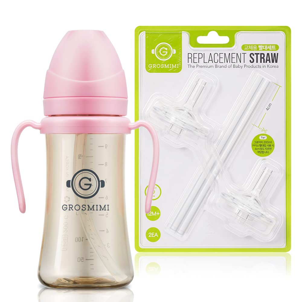 GROSMIMI PPSU Spill Proof Magic Sippy Cup 10 oz (Pink) + Replacements (Straw kit 2-counts, Stage 2)