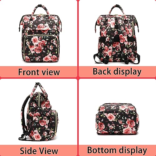 Goodsnetic Laptop Backpack for women Cute Laptop Bag Computer Bag Floral Laptop Purse with USB Charging Port, 15.6-Inch,2 PCS, Black