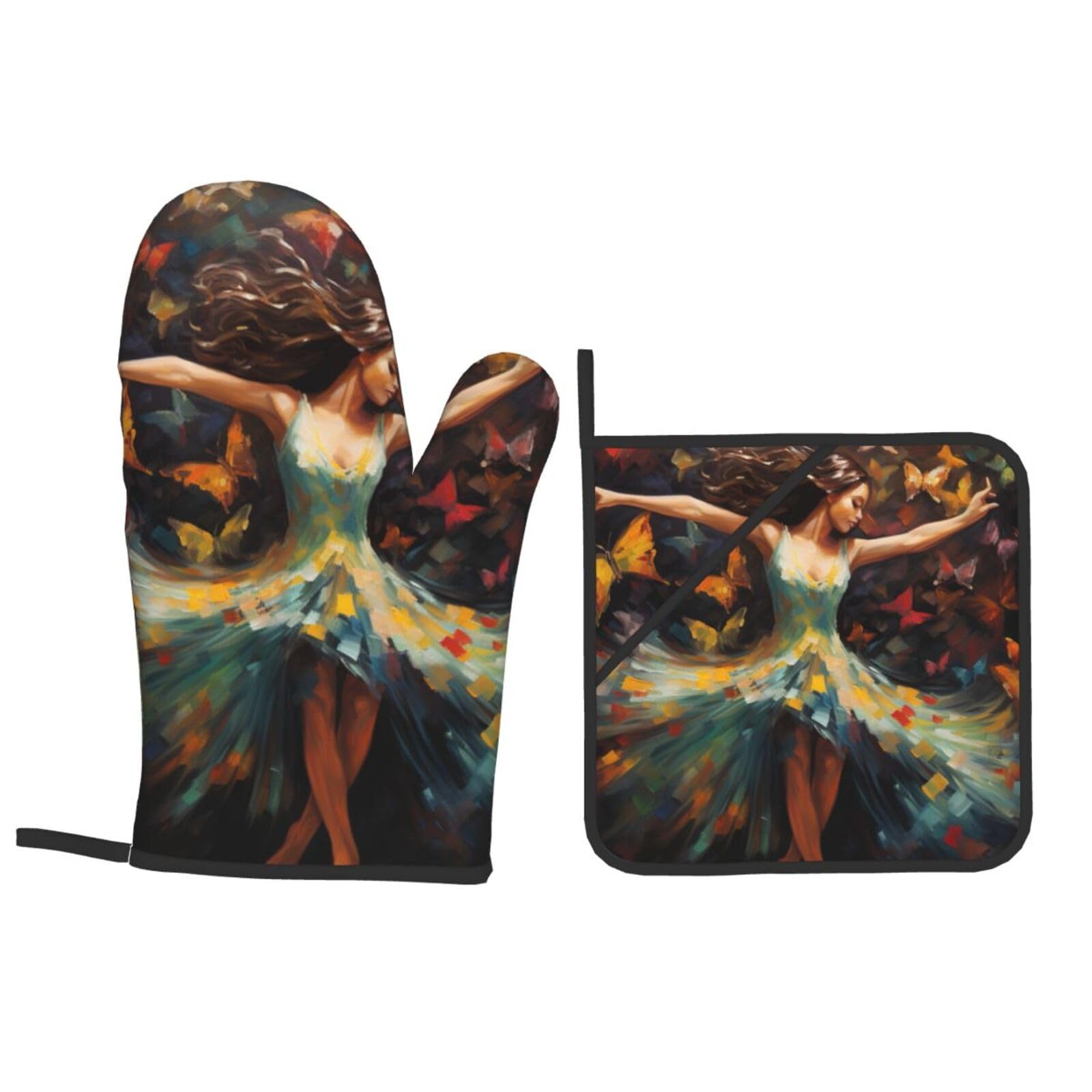 Girl Dance Butterfly Kitchen Baking 4-Piece Set–Heat Resistant Oven Mitts and Pot Holders Kitchen Hot Pads