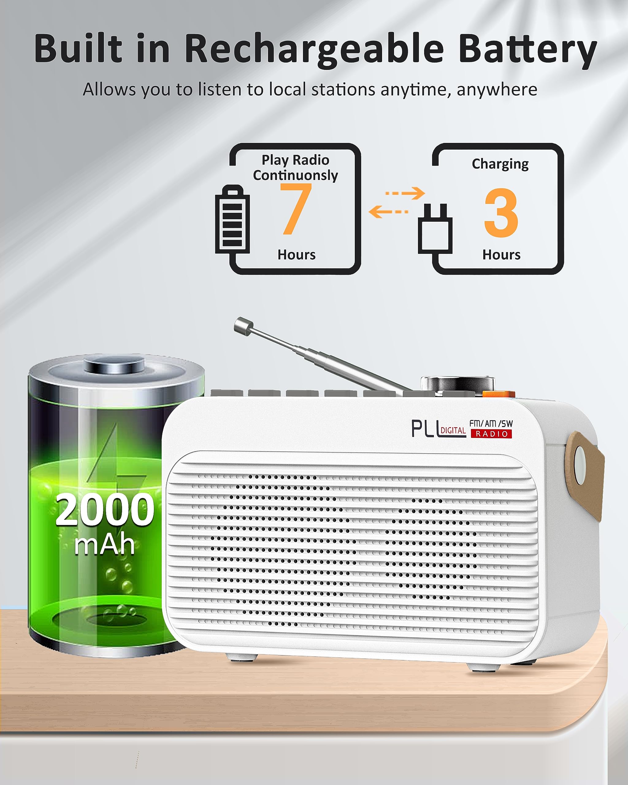 Greadio Portable Shortwave Radio with Bluetooth 5.0, Rechargeable AM FM Radio with Best Reception, TF/SD/USB Port,5W Loud Speaker,White Noise,Alarm Clock,LED Display,Earphone Jack,for Home,Office,Gift