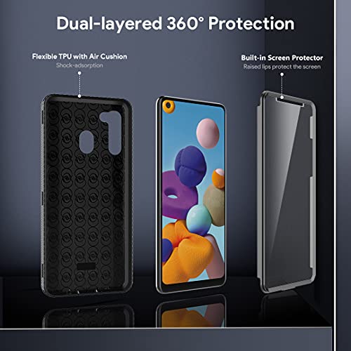 HATOSHI Samsung Galaxy A21 Case with Built-in Screen Protector, Heavy Duty Protection, Full-Body Shockproof Rubber Bumper Rugged Protective Phone Case Cover for Samsung A21 6.5-inch, Black