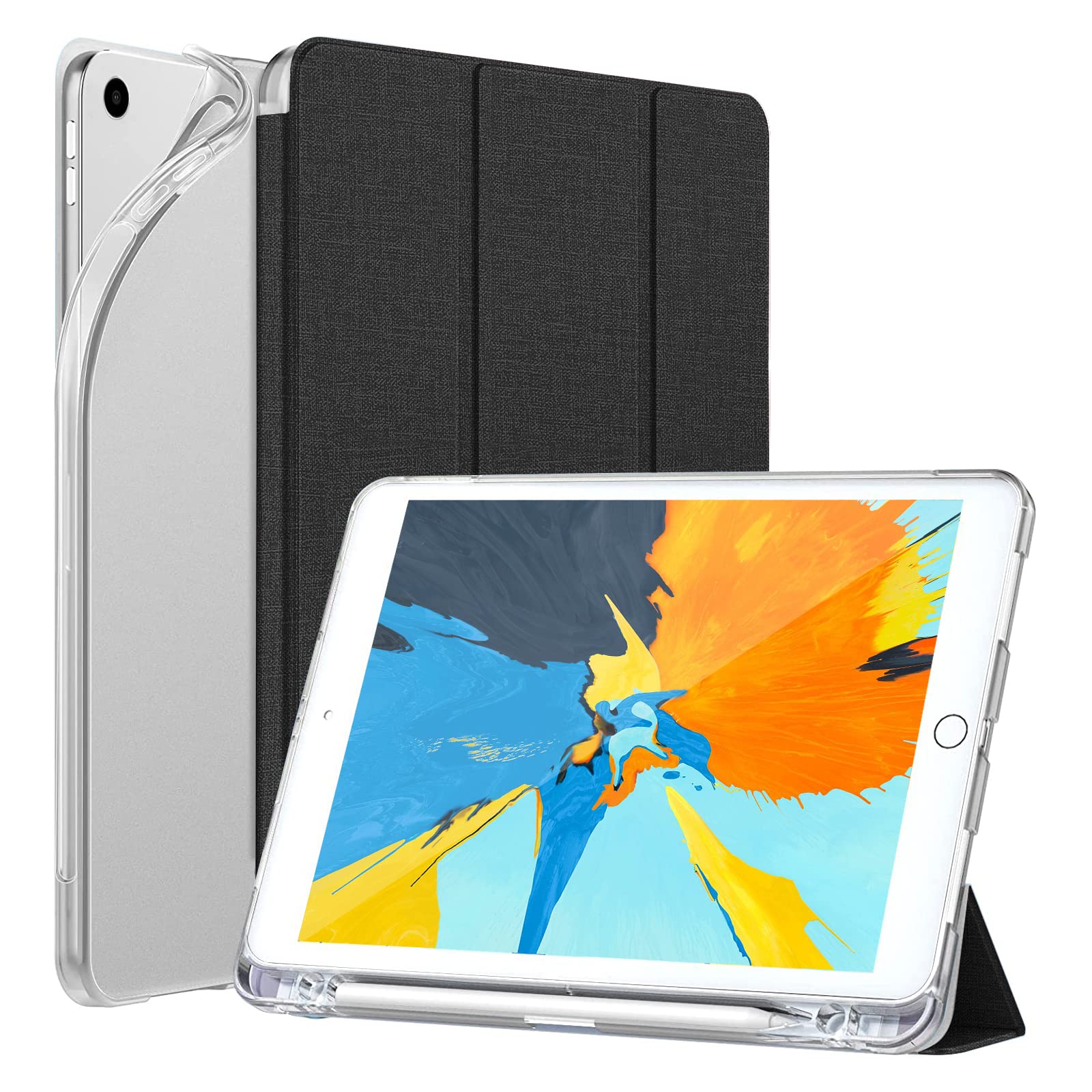 iPad 9.7 Case (2018/2017 Model, 6th/5th Generation), iPad Air 2 & 1 (2014/2013) Smart Cover with Pencil Holder and Soft Clear Silicone Back, Auto Wake/Sleep Cover- Black
