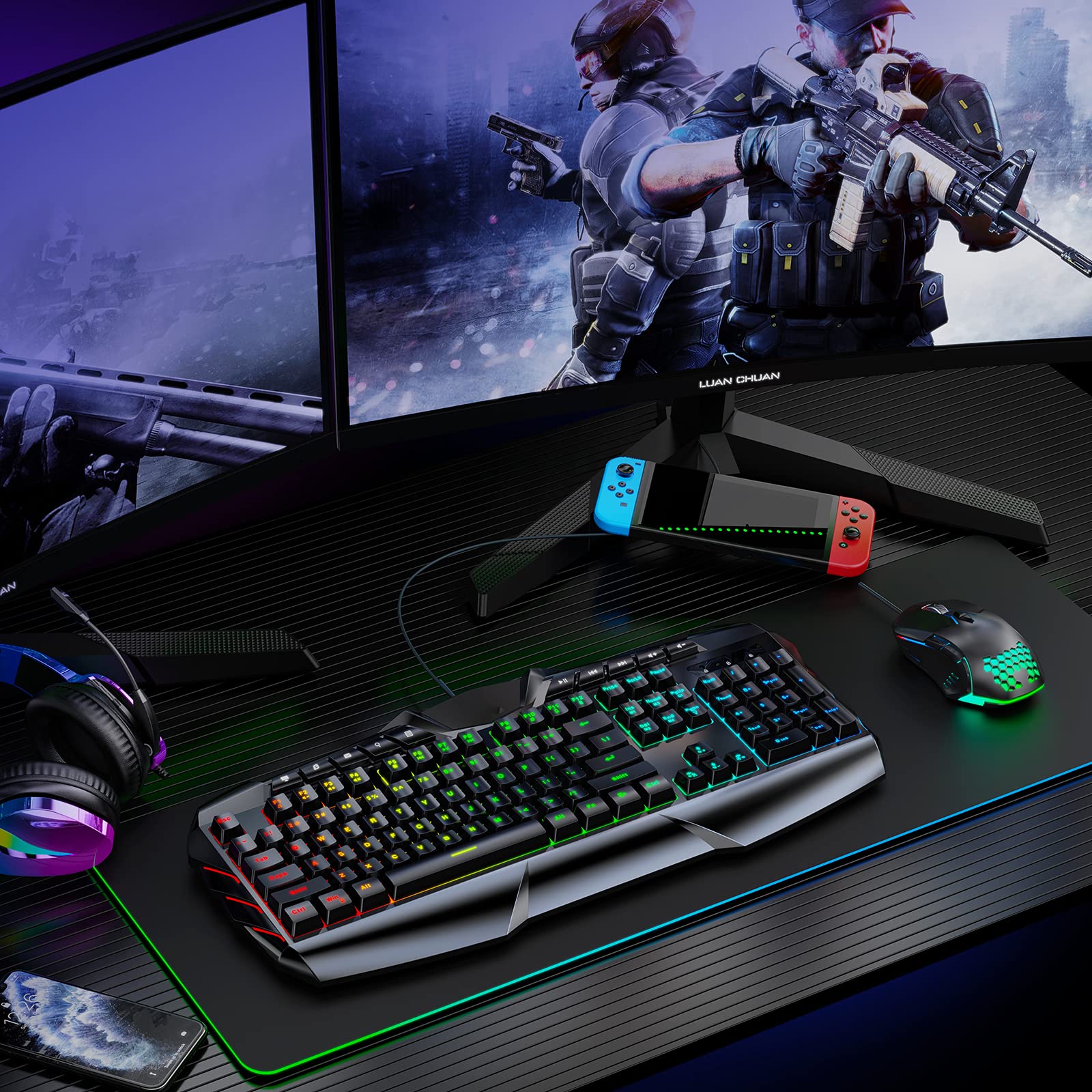 Gizori Gaming Keyboard and Mouse 25 Anti-ghosting Keys RGB Backlit USB Gaming Keyboard with Comfortable Wrist Rest, Wired 6400 DPI Programmable Gaming Mouse for PC | Laptop, Work and Game