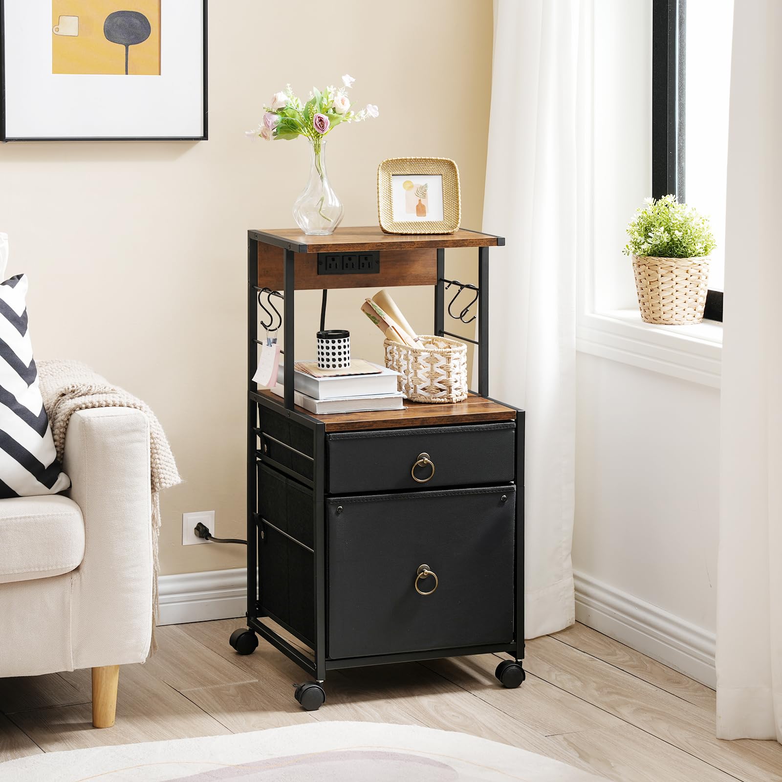 HOOBRO 2-Drawer File Cabinet, Filing Cabinet with Charging Station, Vertical Office Cabinet with Open Storage Shelf, Printer Stand, A4/Letter Size, Nonwovens Drawer, Rustic Brown and Black BFK23UWJ01