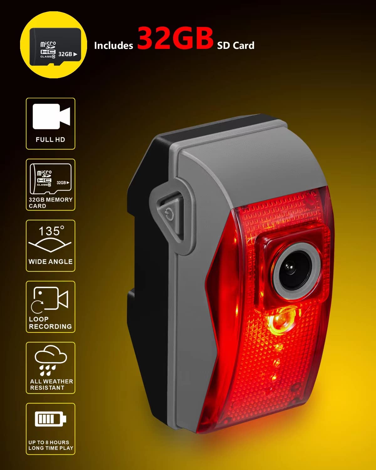 GIZTEK Rear Bike Light Camera Combo, 1080P Full HD, Built-in Rechargeable Battery, 32GB Memory Card Included, Rear Cycling Camera with Tail Light