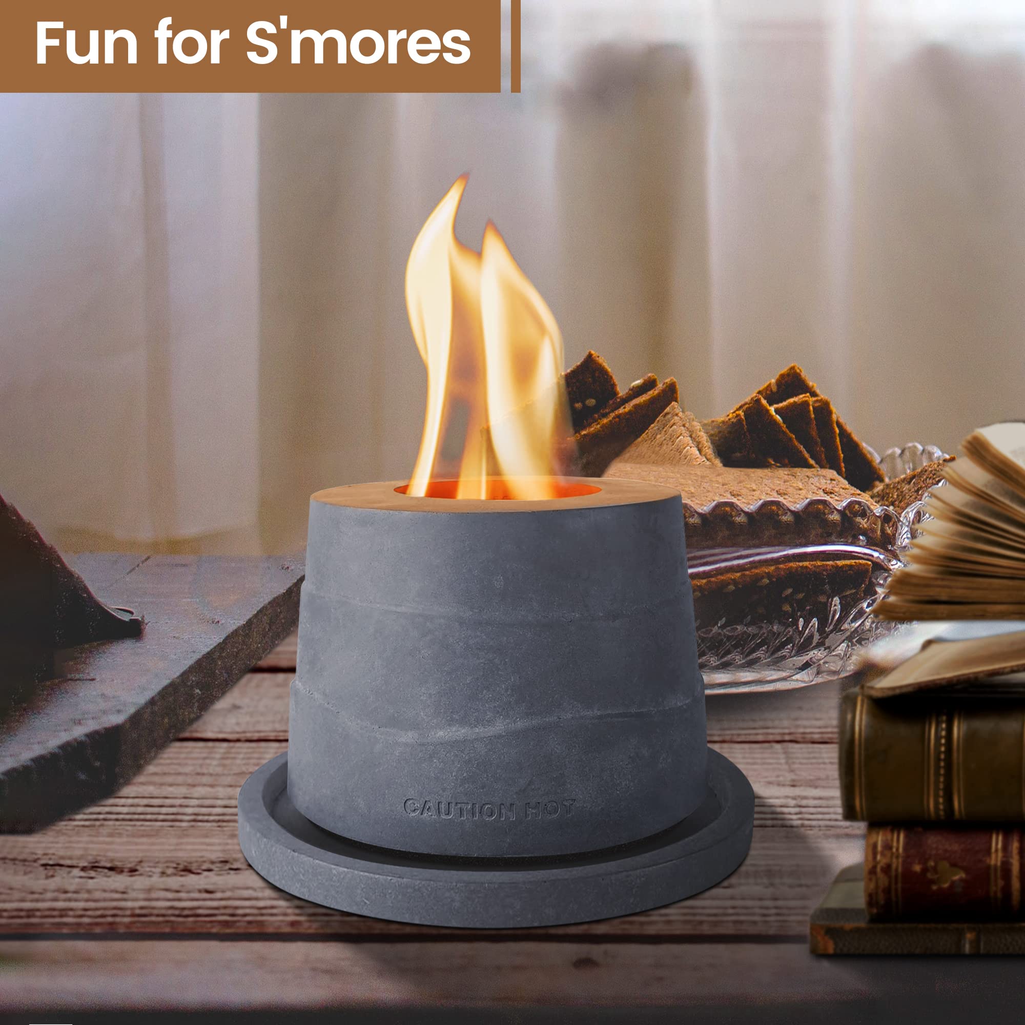 Kante 5.1 in. W Small Cake Portable Concrete Rubbing Alcohol Tabletop Fire Pit with Metal Extinguisher and 6 in. Dark Gray Base, Ethanol Fireplace, Indoor Outdoor Décor, Table Top Fire Pit Bowl Pot