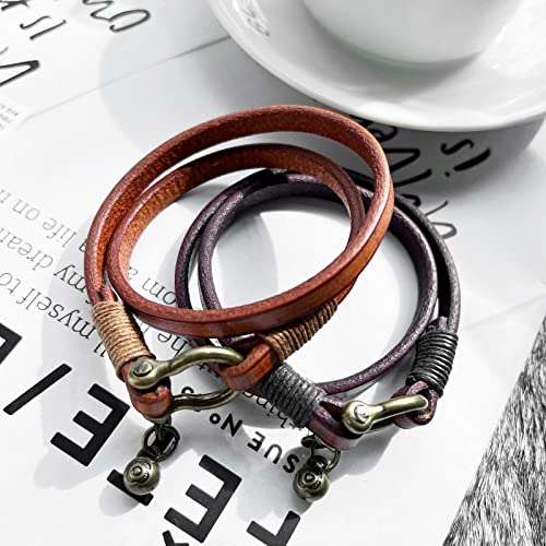 HZMAN 7.5 Inch Handmade Leather Cuff Bracelet for Women Steampunk Style Double Wrap Leather Wristband with Small Bells