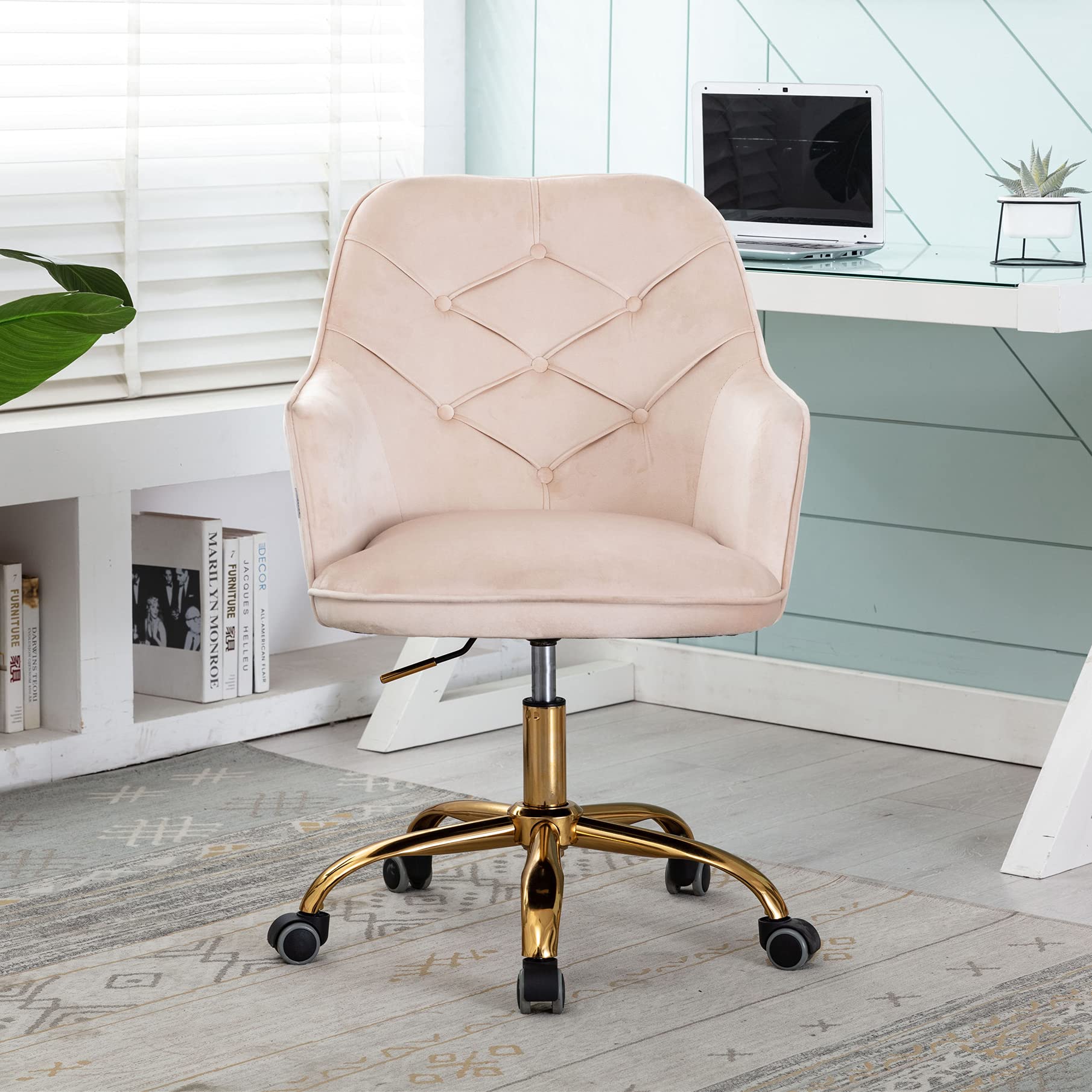 Goujxcy Home Office Chair, Velvet Desk Chair Modern Adjustable Swivel Chair, Upholstered Task Chair Accent Chair Executive Chair Vanity Desk Chair (Lake Blue)