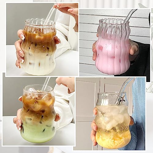 GUOJOZO 2 Pcs Ribbed Glass Cups 18 Oz Vintage Drinking Glassware Ripple Cocktail Glasses for Iced Coffee Juice Beverage Milk
