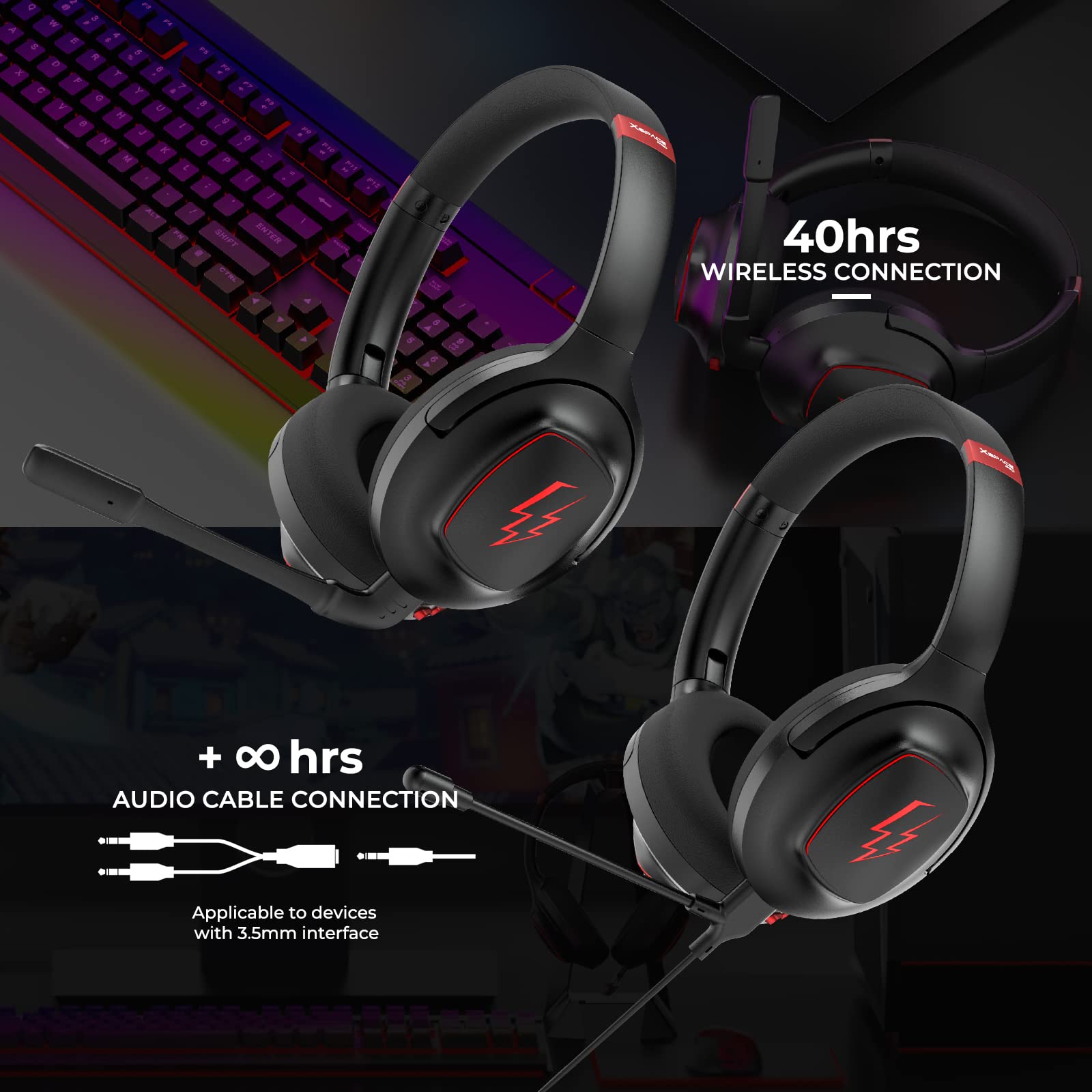 HONSENN Bluetooth Wireless Gaming Headset with Microphone-Spatial Surround Sound-Bendable Noise Canceling Mic-Comfortable Foam Ear Cushions-PC, Mobile, PS-Compatible with All 3.5mm Audio Jack Devices