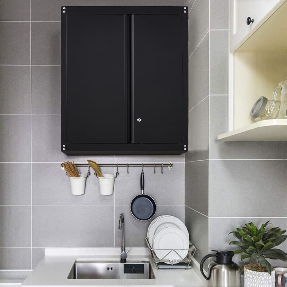 GEDELITE Metal Storage Cabinet with Lock and Doors,Steel Garage Wall Storage Cabinet,Garage Upper Cabinet,Wall Mounted Metal Cabinet for Garage, Black