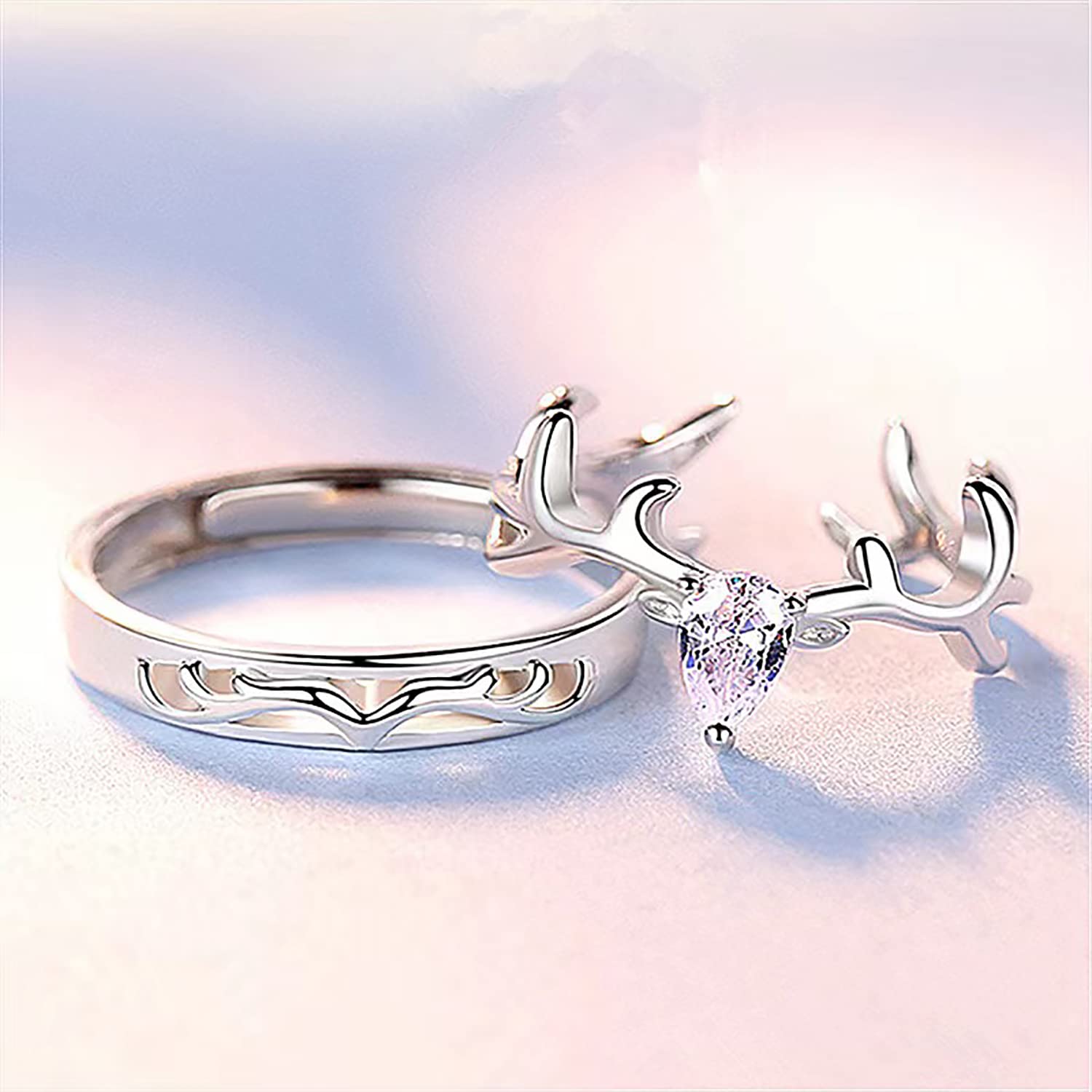 His Hers Couples Matching Rings Set Cute Silver Deer Antler Ring Dainty Cubic Zirconia Adjustable Matching Deer Antler Wedding Rings Endless Love Promise Ring Christmas Valentine's Day Gift for