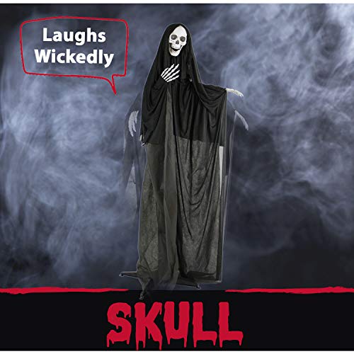 Haunted Hill Farm Life-Size Animatronic Reaper, Indoor/Outdoor Halloween Decoration, Light-up Red Eyes, Poseable, Battery-Operated