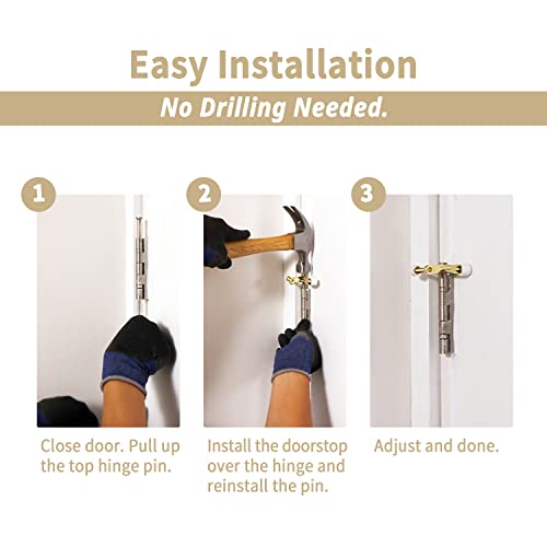 Greatim 4 Pack Hinge Pin Door Stopper,Adjustable Heavy Duty Door Stopper with Rubber Bumper Tips (Polished Brass)