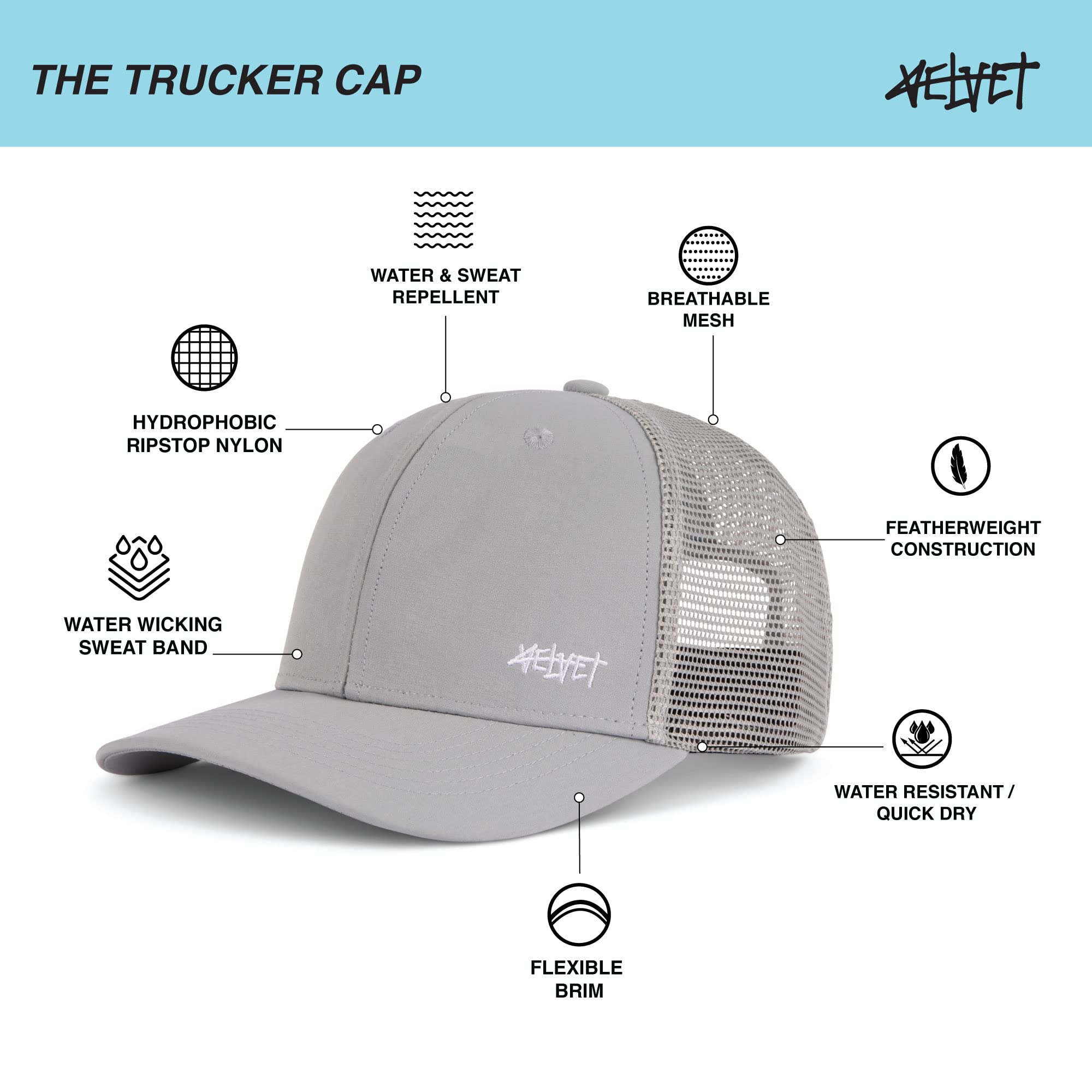 Hydro Waterproof Trucker Men's Hat, Performance Water Proof Floating Snapback Baseball Cap for Boating, Golf, Gym, Lightweight Headwear with Sweat Resistant Band. One Size Fits All, Unisex Gray