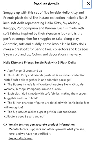 Hello Kitty and Friends 8" Collector's Set of 5 Plush Melody Kuromi Keroppi Pompompurin Stuffed Toy Soft Gift Pack