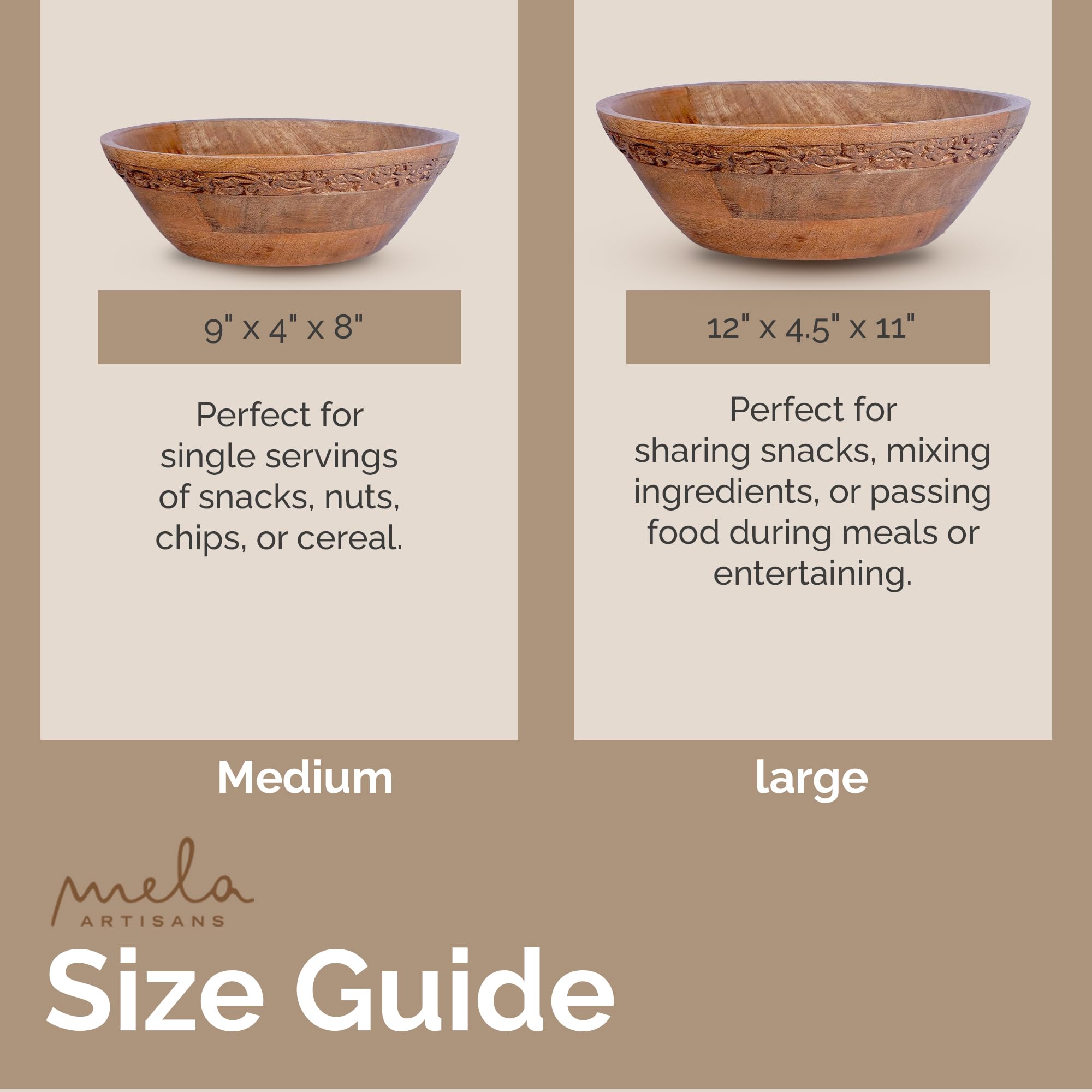Jasmine Large Wooden Bowl (Medium Burnt, 12 x 4.5 x 11) – Mango Wood Decorative Bowl for Veggies, Fruits, & More – Handmade Wooden Serving Bowl w/ 3 Felt Pads - Modern Rustic Home Decorations