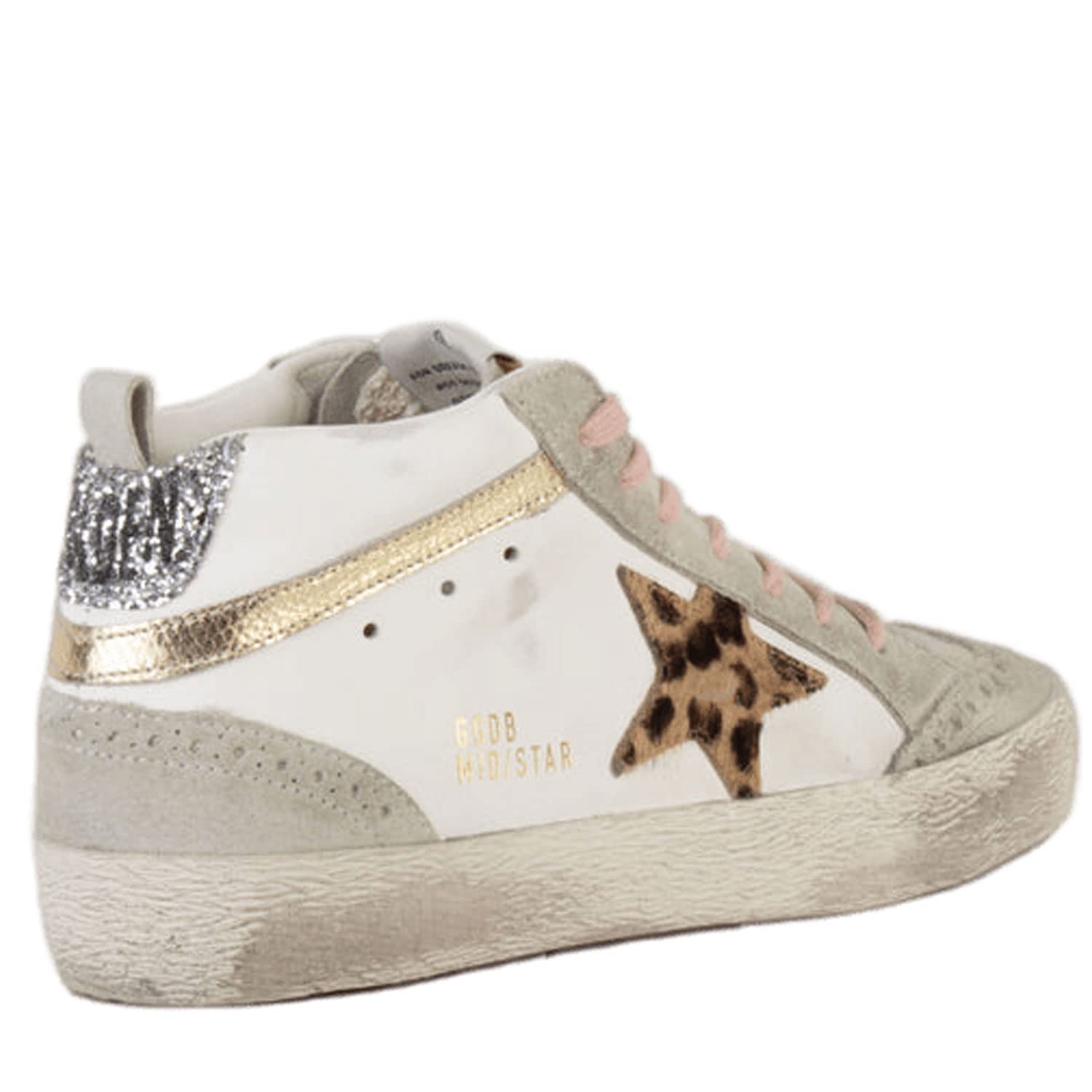 Golden Goose Mid Star Leather Upper Suede Toe and Spur Mini Leo Star Mini Viper Print Wave Glitter Heel Womens Distressed Sneakers - 38 White