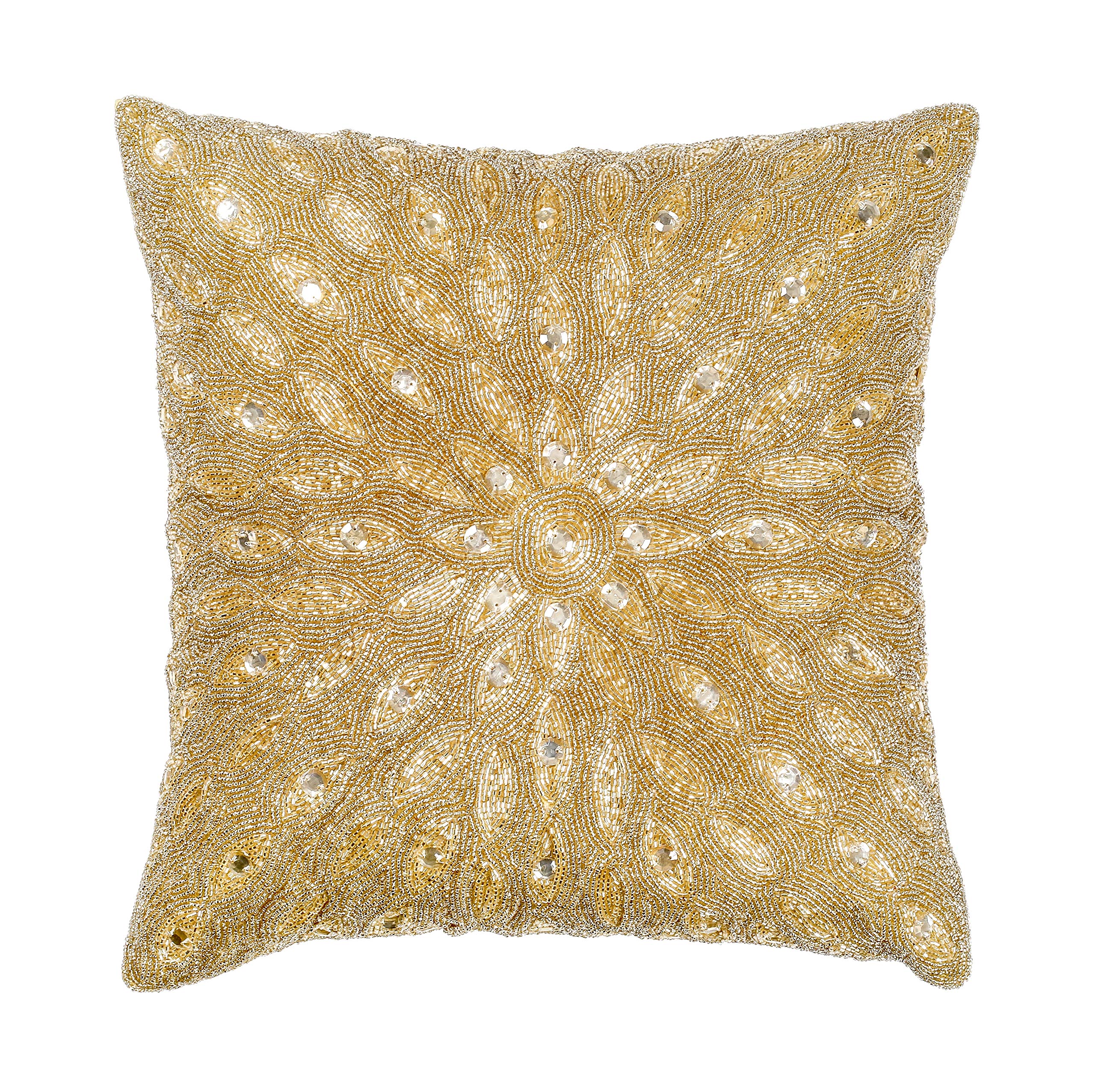 Gold Pillow Cover, Gold Decorative Pillow Cover 16x16 Inch, Gold Throw Pillow Cover, Hand Beaded Cushion Cover - Beautiful Elegant Accessory to Dress Up Couch Sofa & Bed - Cover Only - 1 Pack