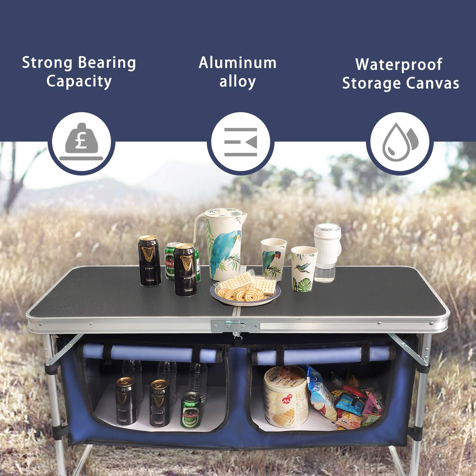 Gocamptoo Outdoor Folding Table with Storage Organizer, Portable Aluminum Lightweight Adjustable Table for Camping, Picnic (BK)