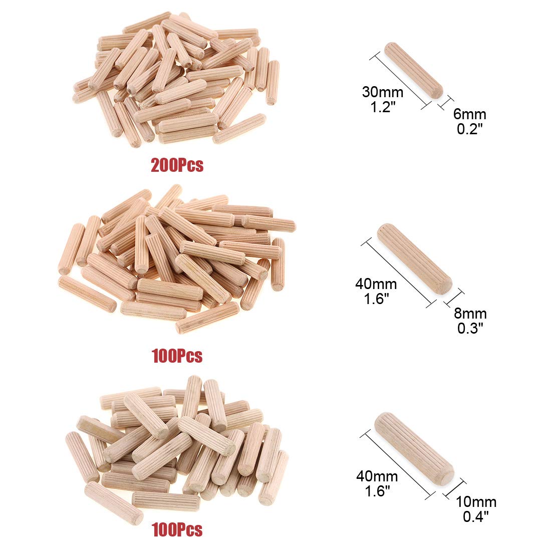 Hilitchi 900Pcs 6mm 8mm 10mm L Fluted Wood Dowel Pins & 1/4β 5/16β 3/8" L Fluted Wood Dowel Pins
