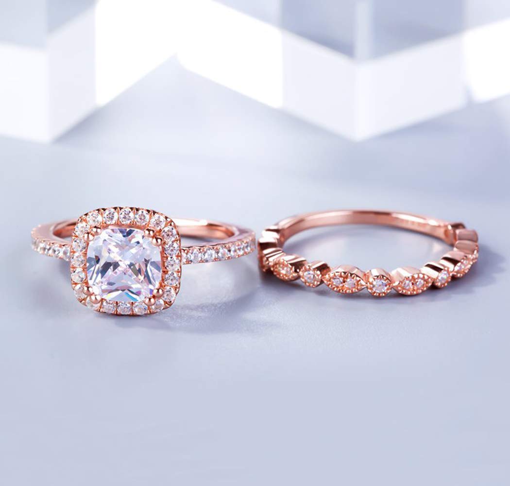 Greendou Fashion Jewelry 14k Rose Gold Plated Sterling Silver Round Clear Zirconia Flower Halo Ring Set (10)