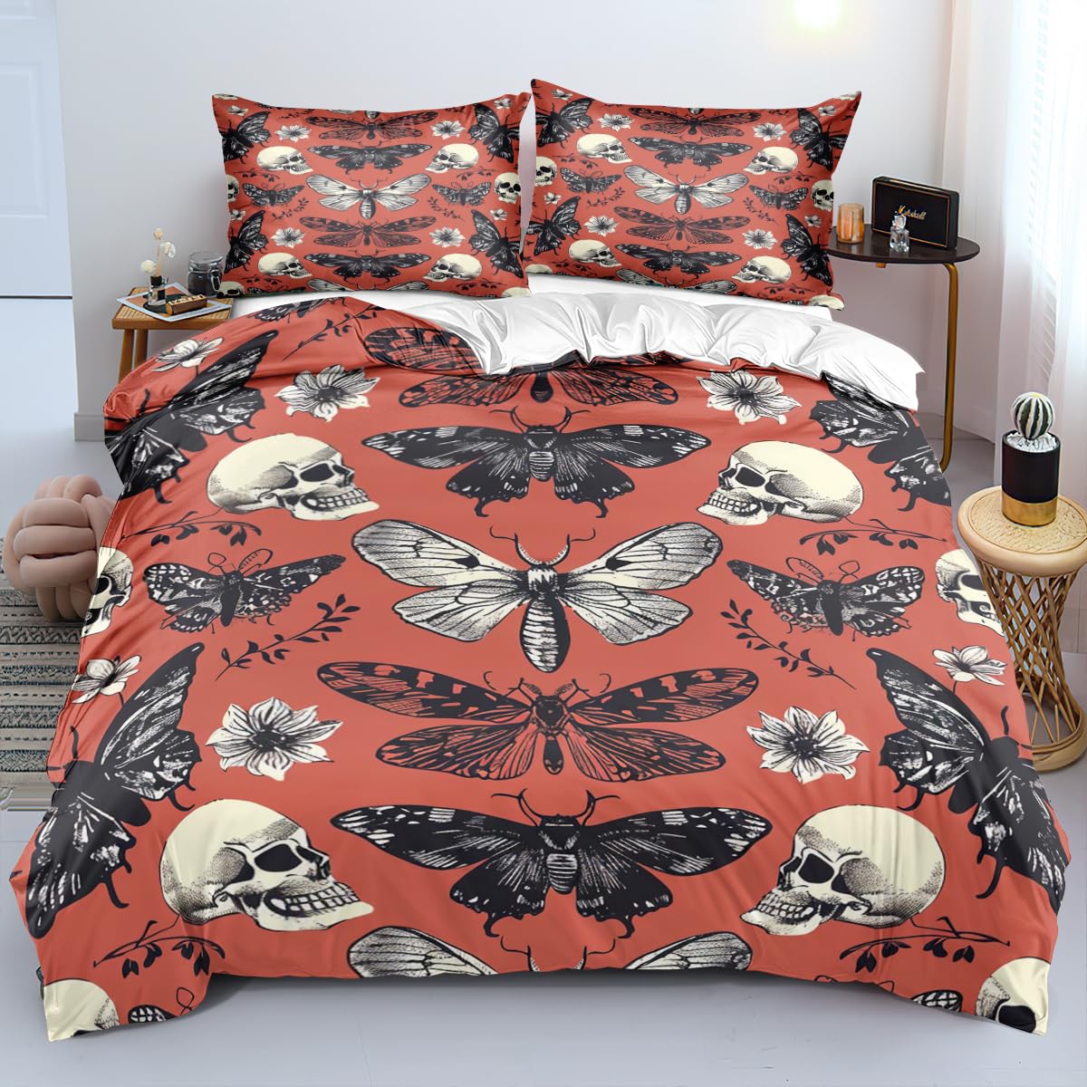Menkala Gothic Skull Duvet Cover Queen Size Moth Comforter Cover White Floral Duvet Cover Set Black Leaf Death Moth Bedding Set Breathable Durable Soft