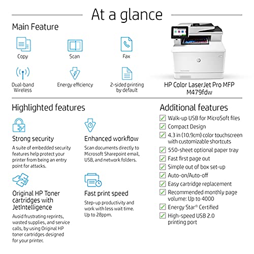 HP Color Laserjet Pro Multifunction M479fdw Wireless Laser Printer for Business, White - Print Scan Copy Fax - 28 ppm, 600x600 dpi, Auto 2-Sided Printing, 50-Sheet ADF, Ethernet, Cbmou Printer_Cable