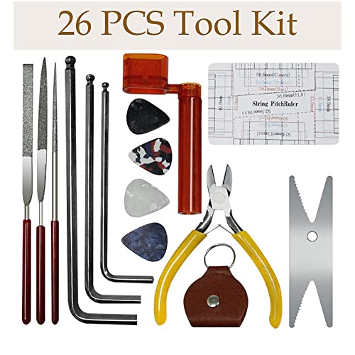 GOCOHHI Guitar Repairing Tool Kit Wire Plier,String Organizer,Fingerboard Protector,Hex Wrenches, Files, String Ruler Action Ruler, Spanner Wrench,Bridge Pins for Guitar Ukulele Bass Mandolin (26 PCS)
