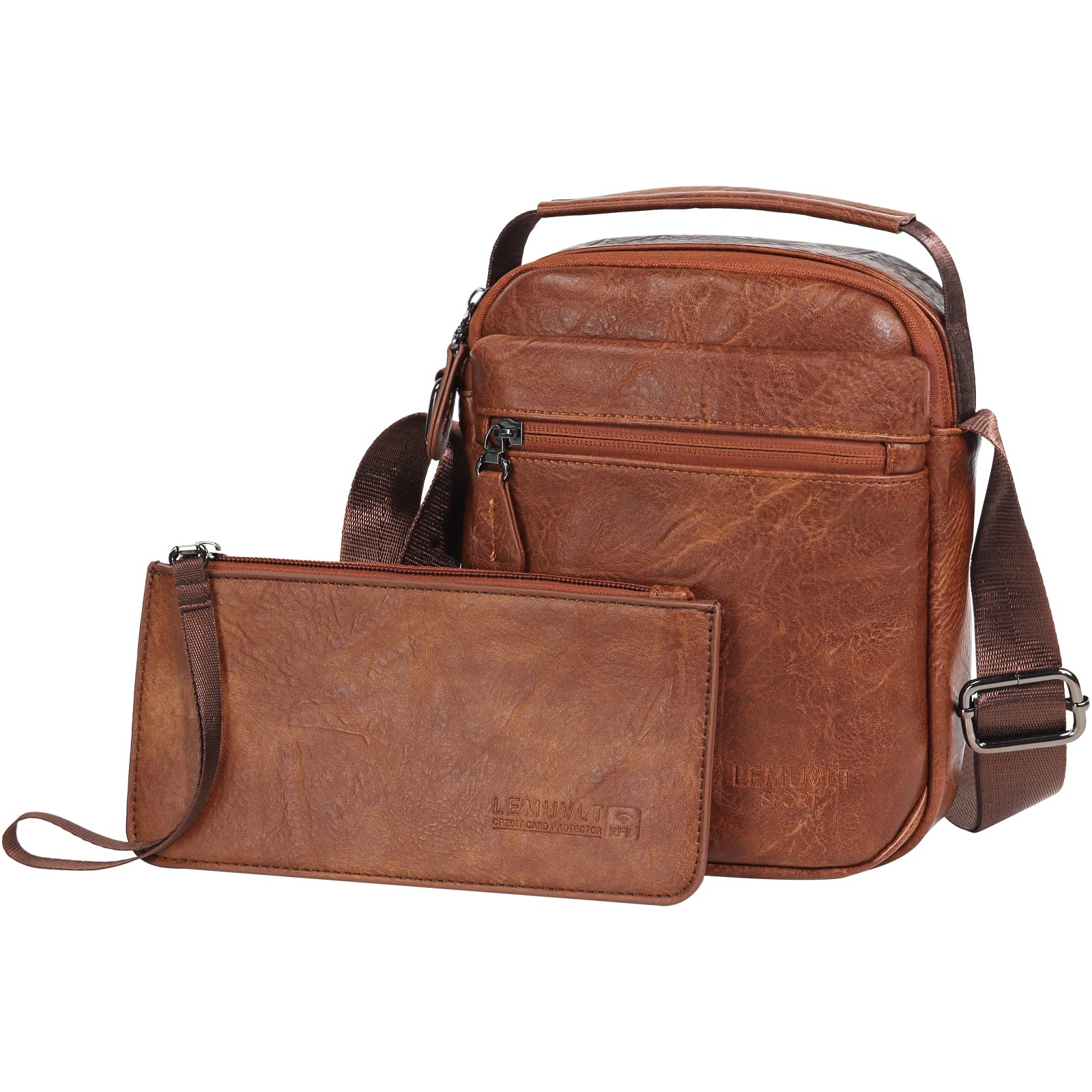 Lemuvlt Crossbody Bag for Men Women with RFID Wallet,Small Size Zipper Pocket&smoothly Leather Man Purse(Small Brown with RFID)