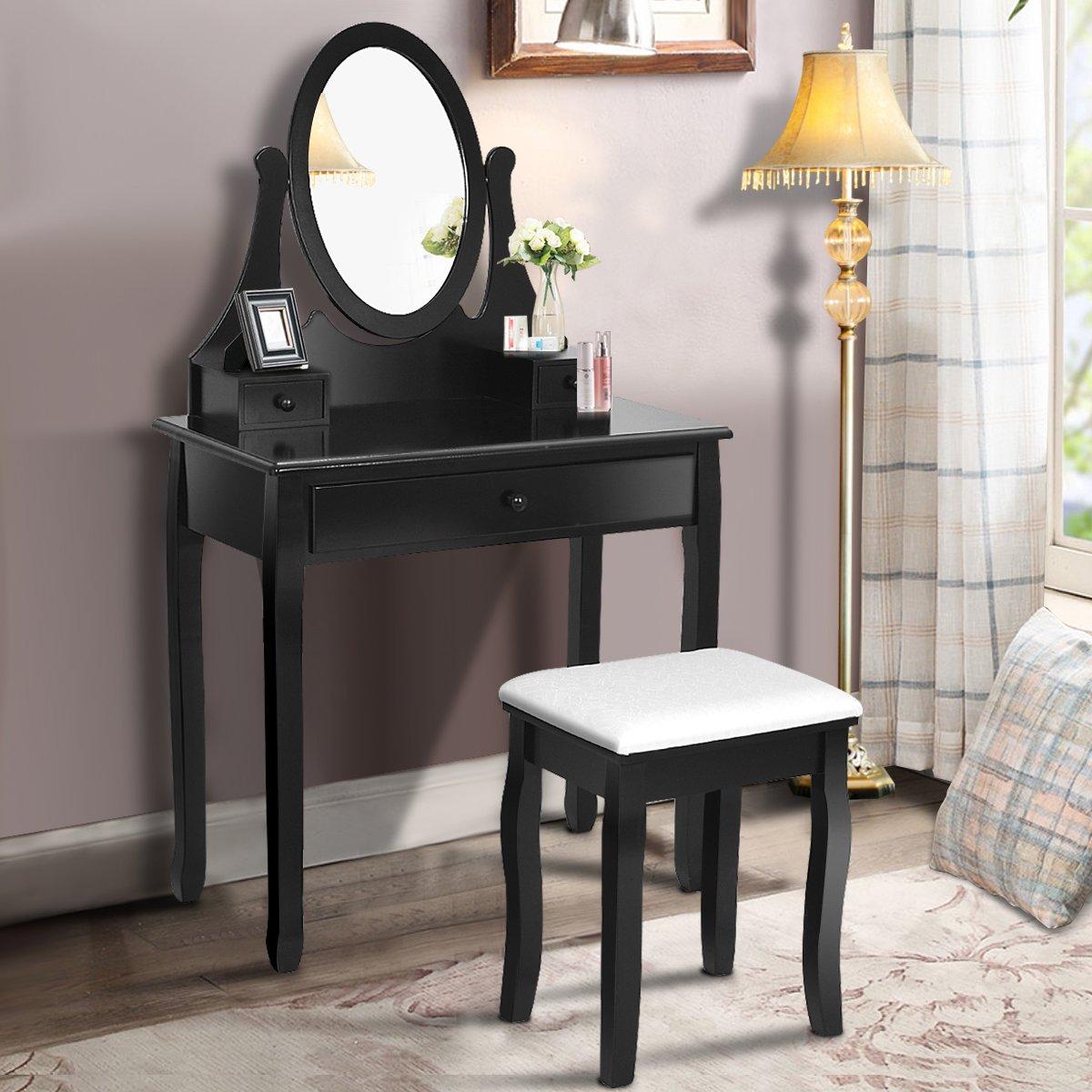 GOFLAME Vanity Dressing Table Set with Cushioned Stool & 360° Adjustable Mirror, Multifunction Makeup Dressing Table Writing Desk with 3 Drawers, for Home Office, Contemporary Vanity Tables (White)