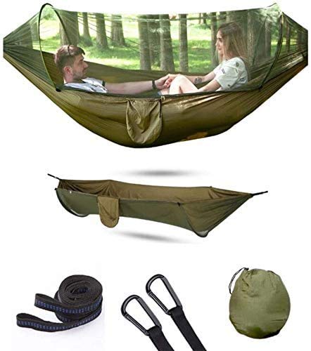 Hammock with Mosquito Net, 2 Person Outdoor Travel Hammock Lightweight Nylon Portable Hammock with Net and 2 x Tree Straps for Camping Hiking (Army Green, 250 120cm)