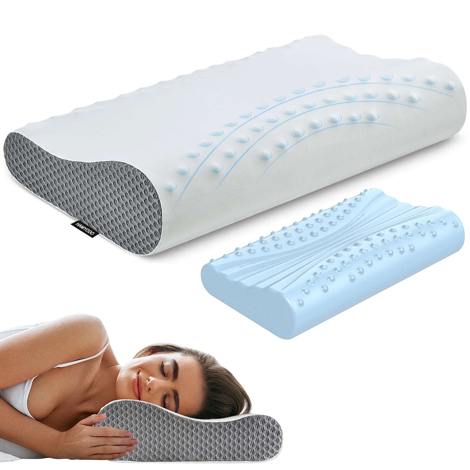 HAMYODO Memory Foam Contour Neck Pillow for Neck and Shoulder Pain Relief - Ergonomic Cervical Pillow with Cooling Pillowcase - Washable Cover - 2 Heights for Side, Back and Stomach Sleepers