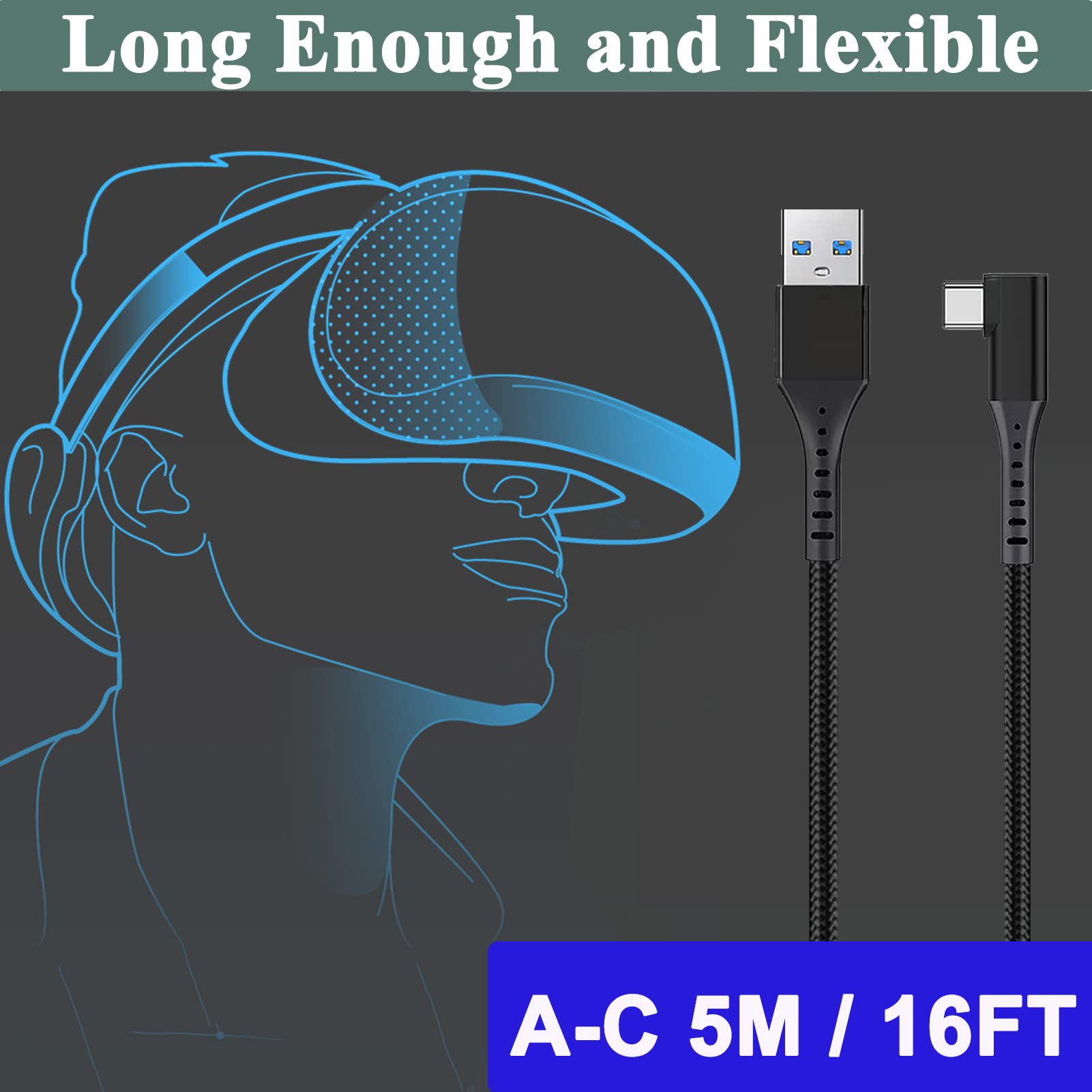 JAMYOK Link Cable 16 FT Compatible with Quest 2,VR Cable Compatible for Quest 2/1 Headset,USB 3.0 A to C,High Speed Data Transfer & Fast Charging,Durable Nylon Braided