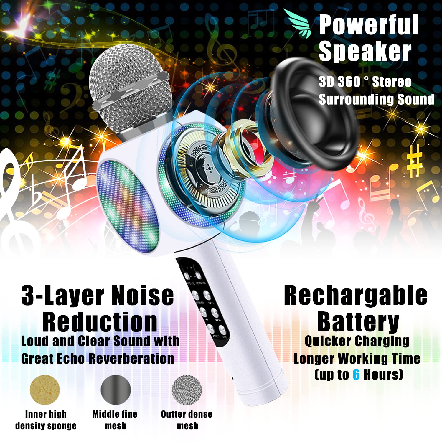 iUse Wireless Karaoke Mic speaker Bluetooth Microphone, 4-in-1 Portable Singing Handheld Karaoke Machine with LED Lights for all smartphones, Gift for Children All Ages Party Birthday KTV (White)