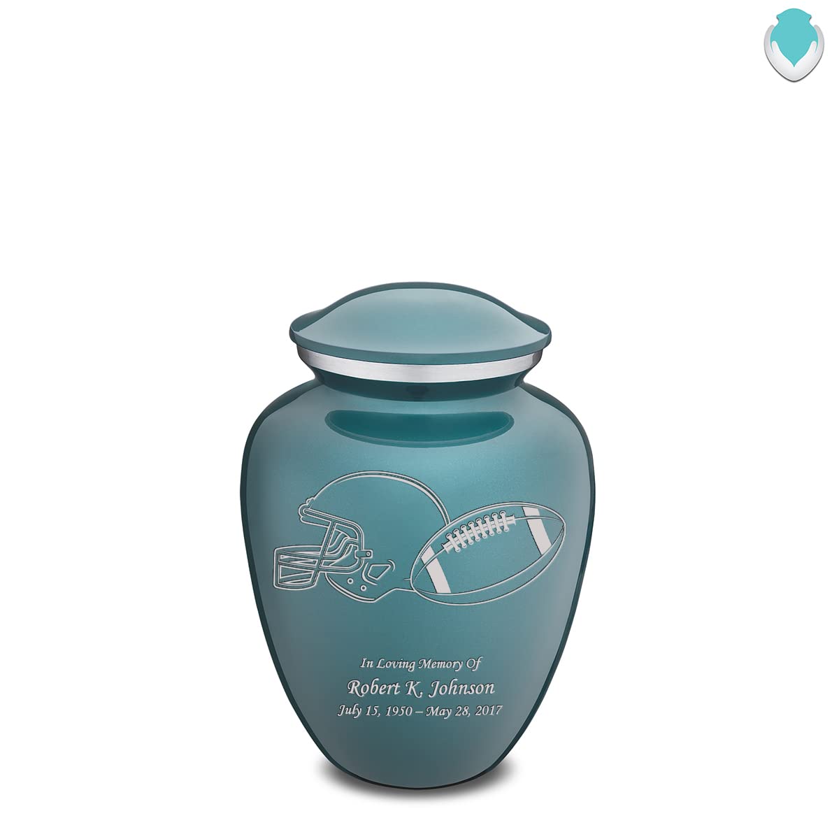 GetUrns Embrace Personalized Football Medium Cremation Urn with Custom Text Engraving for Human Ashes for Funeral, Burial, Niche or Columbarium β 44 Cubic Inches β Small Urns for Ashes (Teal)