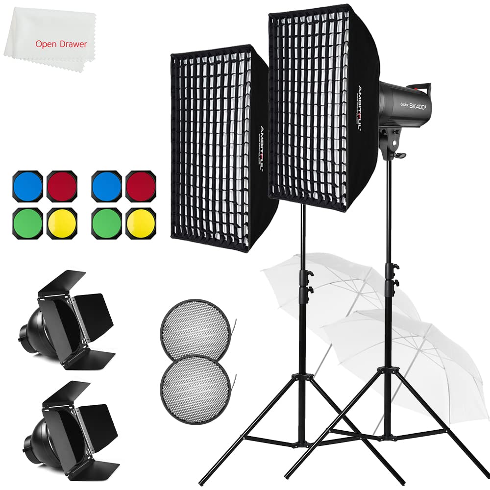 Godox SK400II Studio Flash Kit, 800Ws Professional Studio Strobe Light, Built-in 2.4G Wireless X System Compatible for Bowens Mount Softbox with Honeycomb Grid Softbox, Light Stand, Barn Door (2pcs)