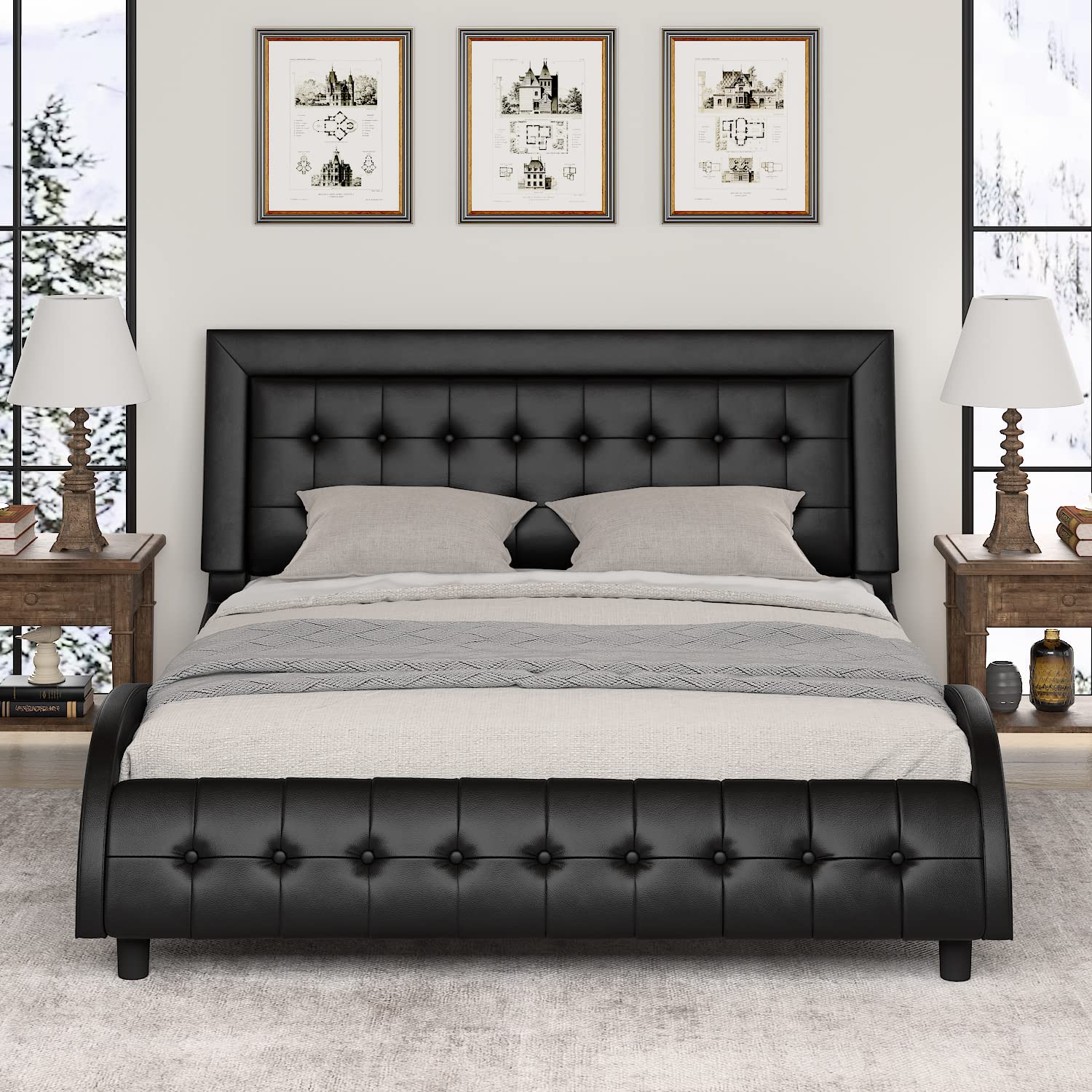 HOOMIC Queen Size Platform Bed Frame with Adjustable Headboard, Upholstered Bed, Mattress Foundation, Wood Slat Support, No Box Spring Needed, Easy Assembly, Black
