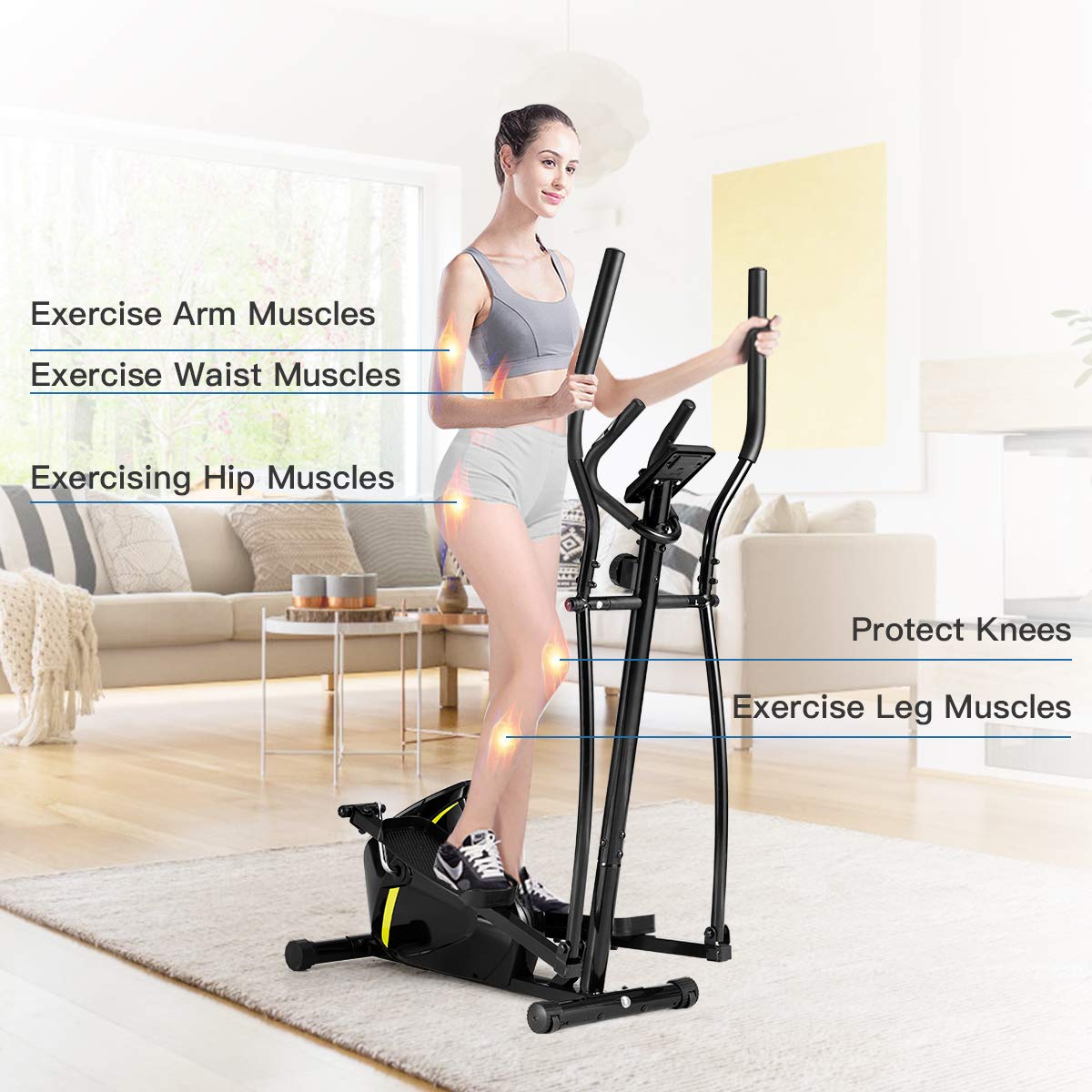Goplus Elliptical Machine Trainer, Cross Trainer Magnetic Exercise Machine for Home with 8 Level Resistance and Digital Monitor and Extra-Large Pedal (Black)