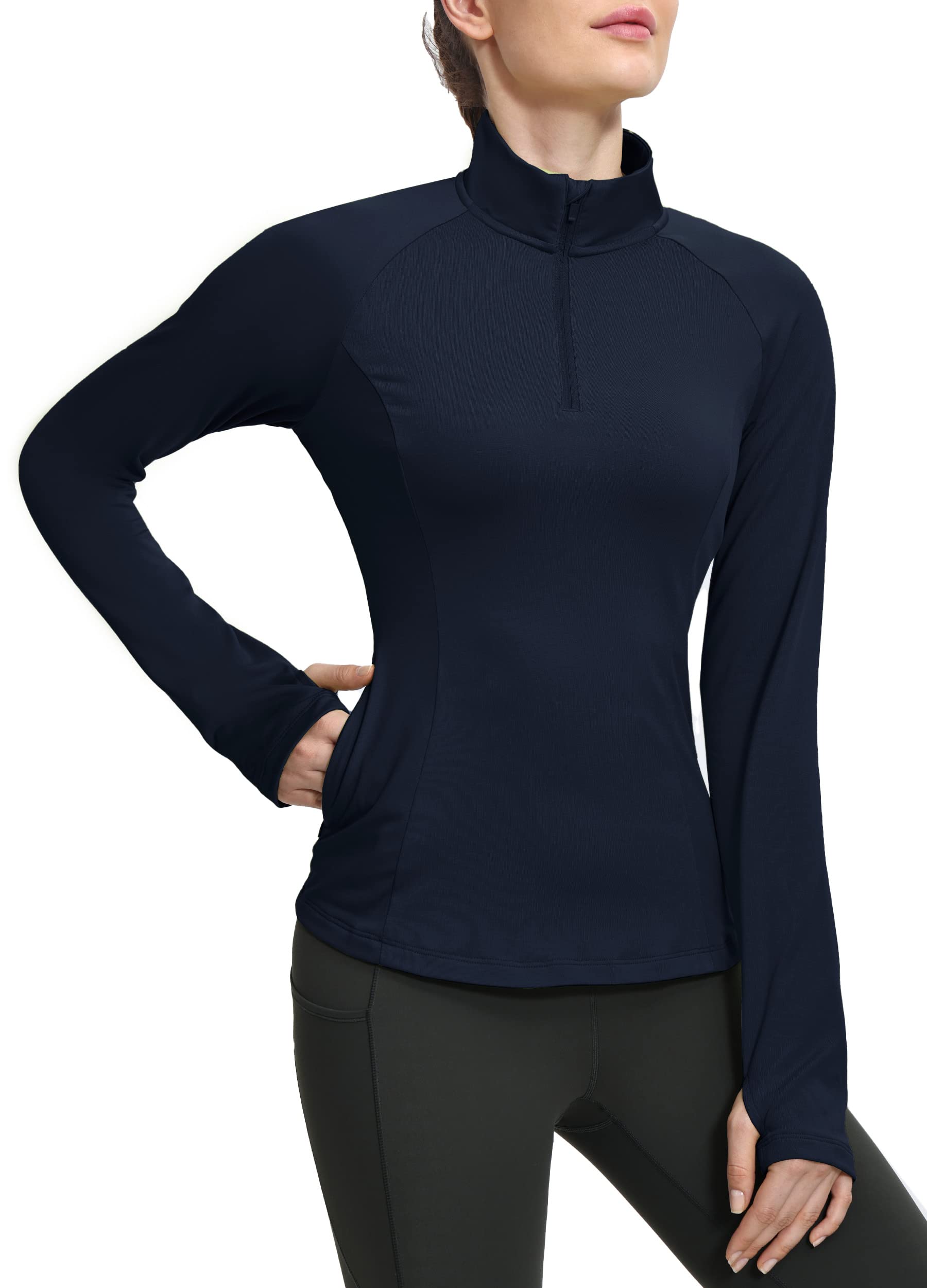 Hiverlay Women's Thermal Fleece Half Zip Thumbholes Long Sleeve Running Pullover Equestrian Shirt for Cold Weather Blue S