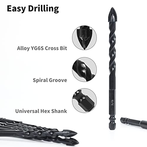 HPHOPE 10Pcs Masonry Drill Bits Set - Concrete Drill Bit Set for Tile, Brick, Glass, Plastic and Wood, Tungsten Carbide Tip Work with Ceramic Tile, Wall Mirror, Paver on Concrete or Brick Wall