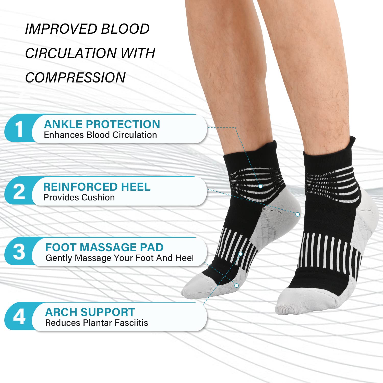 IRAMY Compression Ankle Support Socks Foot Massage Pad 3 Pairs Athletic Running Light Cushion Plantar Fasciitis For Men Women