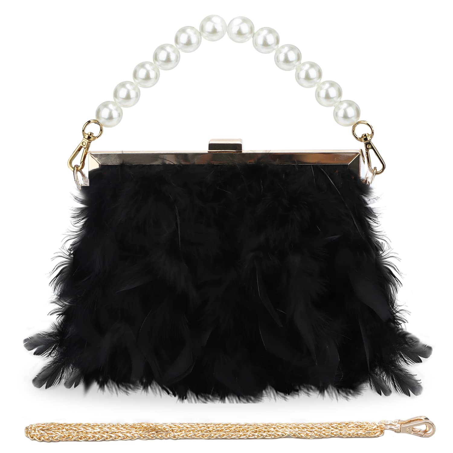 GOKTOW White Champagne Feather Clutches Purses for Women Bag,Pearl Fluffy Evening Handbags for Wedding Anniversary Party,White