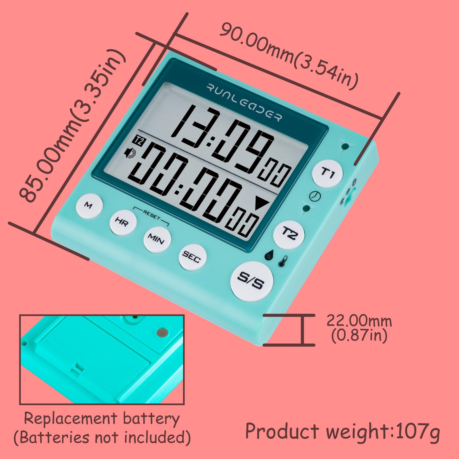 Jayron KT002A 2-Channel Kitchen Timer Magnetic Countdown Timer Clock Temperature and Humidity Meter Digital Minute/Second Timer Desk Clock for Elderly Kids(Blue)