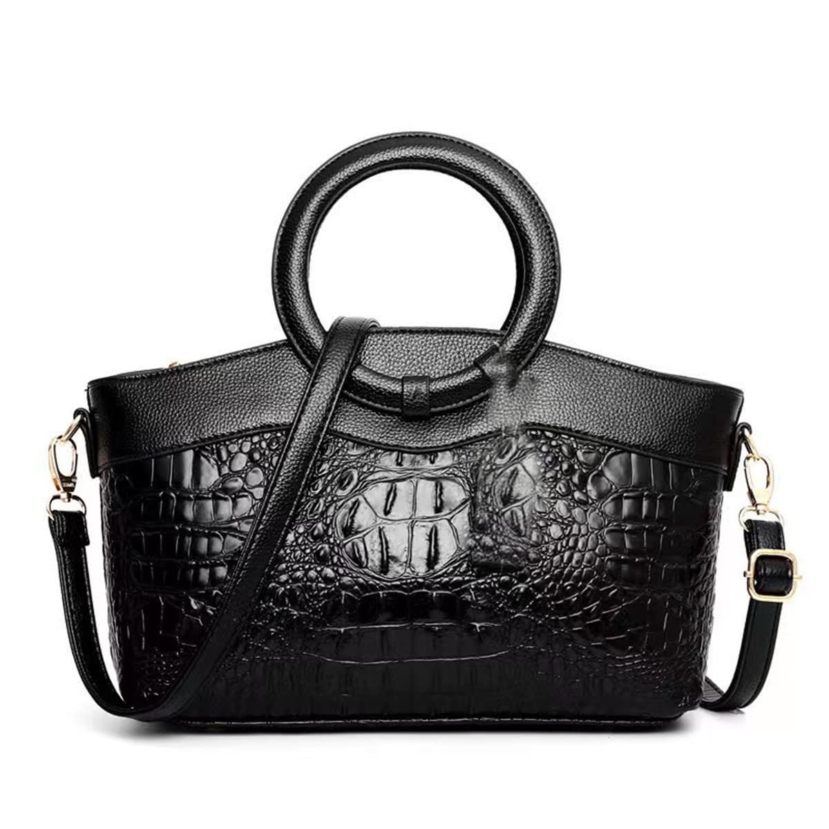IAMUHI Womens Crocodile Satchel Handbag Vegan Leather Top Handle Tote Shoulder Cross Body Bag Purse,Black
