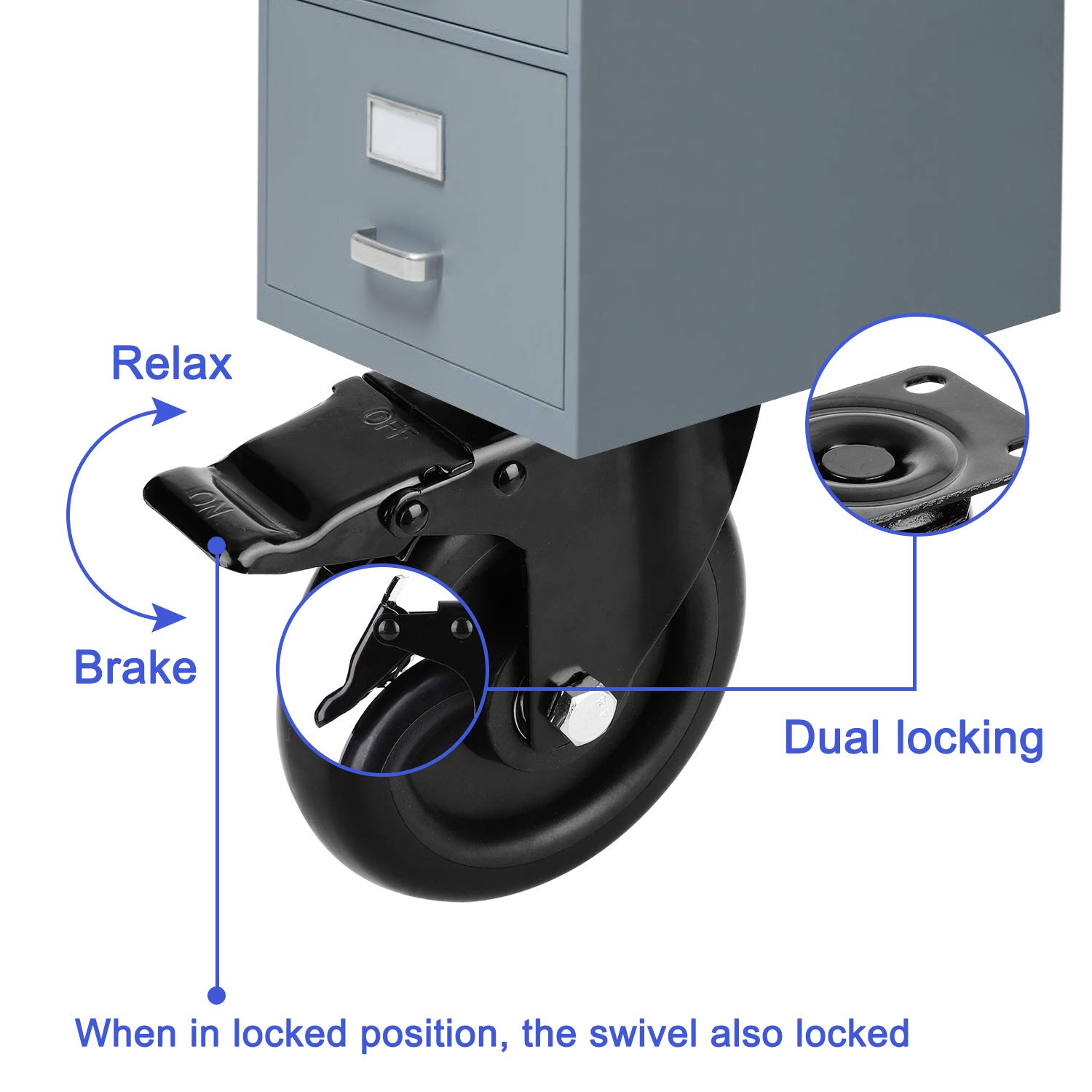 GloEra 5 inch Swivel Caster Wheels Heavy Duty 1800LBS Capacity with Safety Dual Caster, 4 Pack All with Brake No Noise Lockable Wheels (Black)