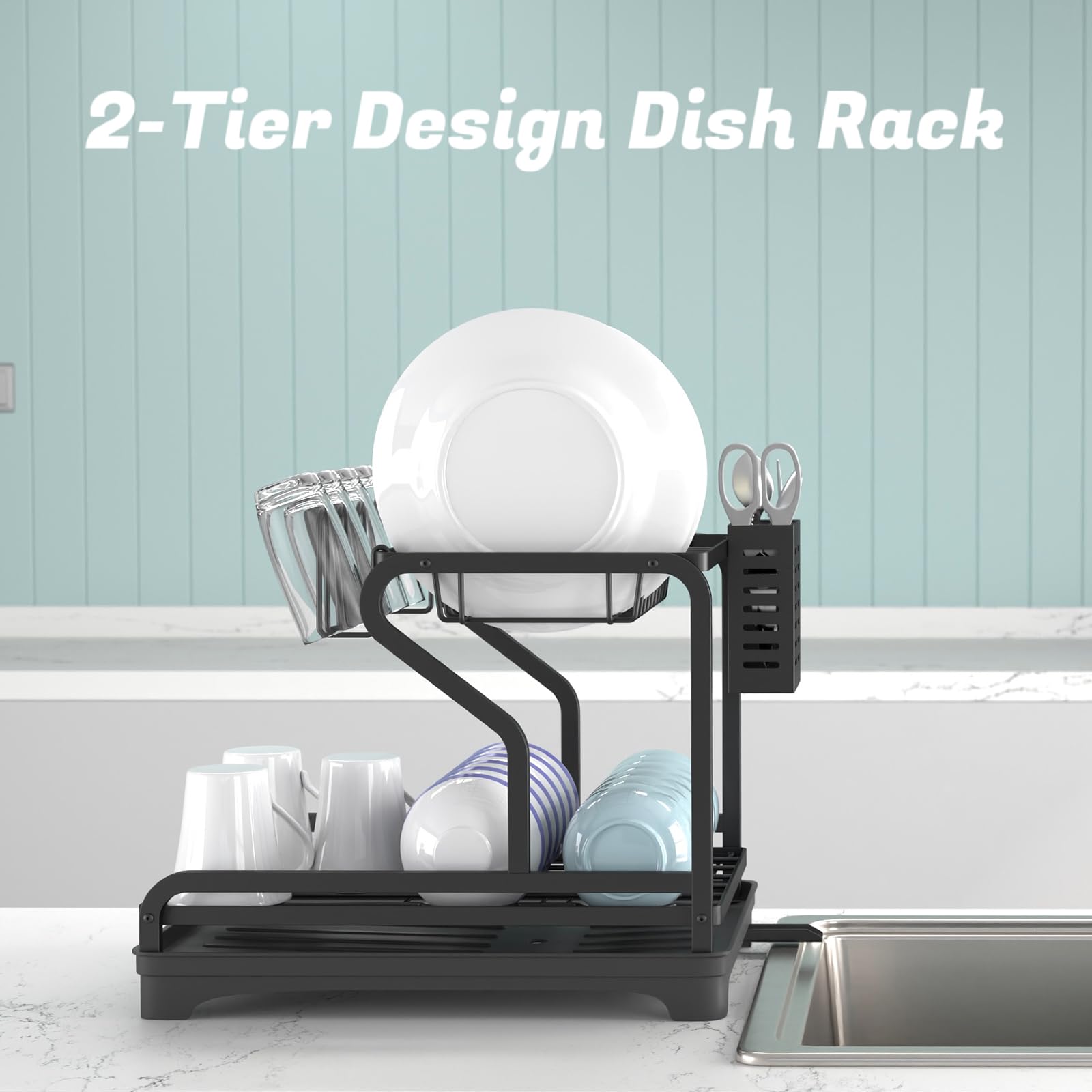 HORIAMIT Dish Drying Rack for Countertop, Large 2-Tier Rustproof Dish Rack with Drainboard, Glass Holder, Utensil Holder
