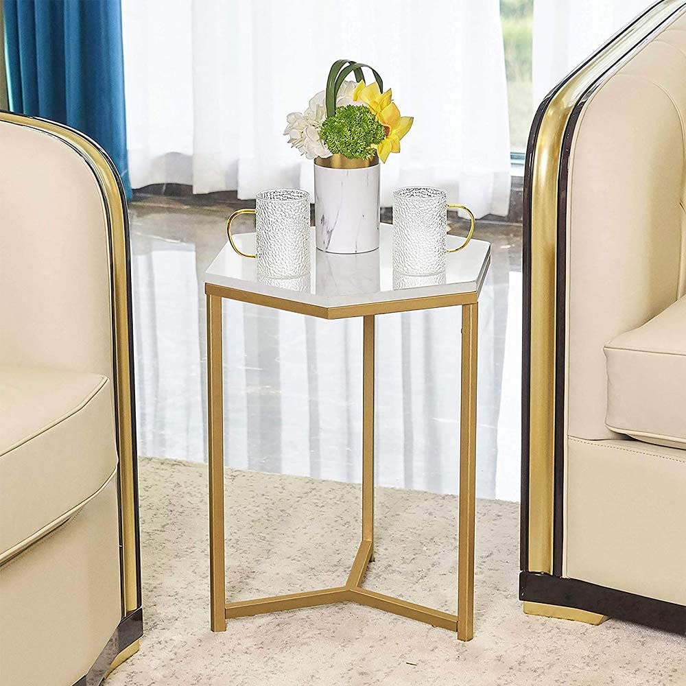 HAWOO Hexagon Gold Accent Side End Table with Faux Marble Top for Living Room, White Nightstand for Home Office Small Space, 16''D x 20" H