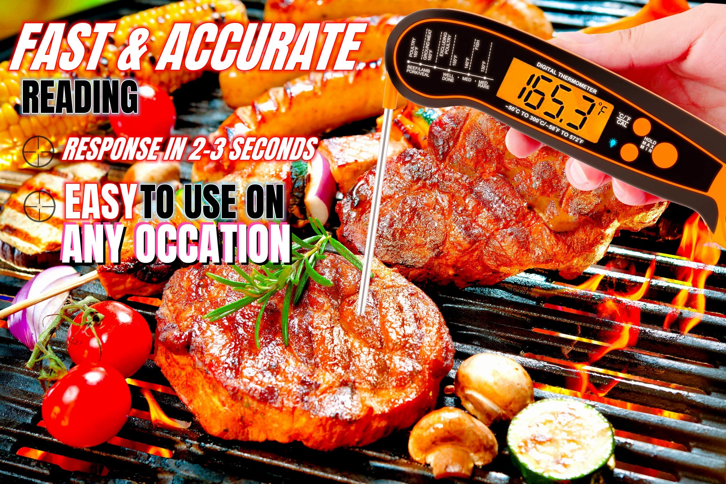KUKVINA Waterproof Digital Instant Read Meat Thermometer for Cooking, Grilling, BBQ, Kitchen & Candy, Ultra-Fast Food Thermometer with Folding Probe,Backlight & Calibration Function
