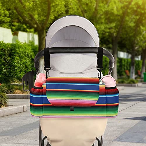 Kigai Gradient Stripes Baby Stroller Organizer with Cup Holders, Secure Hooks Accessories Adjustable Strap Stroller Bag for Bottle, Diaper, Phone, Toys, Baby Items